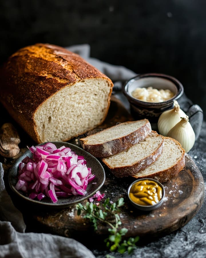 A Rustic Spread Featuring Sliced Bread, Onions, Mustard, and a Creamy Side Dish on a Wooden ...