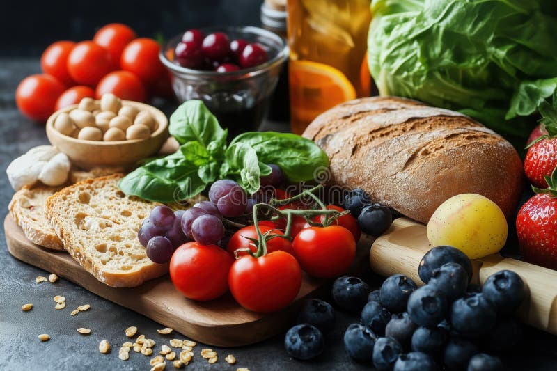 A Rustic Spread of Fresh Produce with Bread and Various Fruits Stock ...