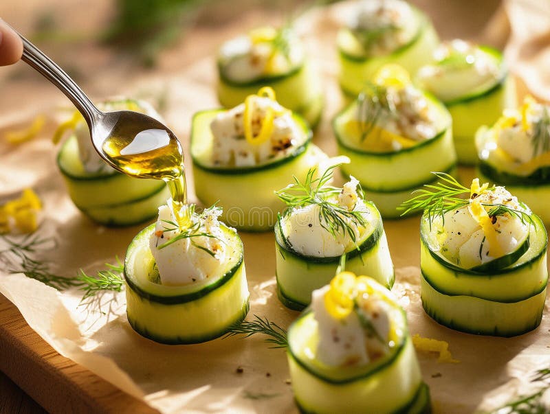 A Rustic Spread of Mini Cucumber Rolls Filled with Creamy Cheese, Fresh ...