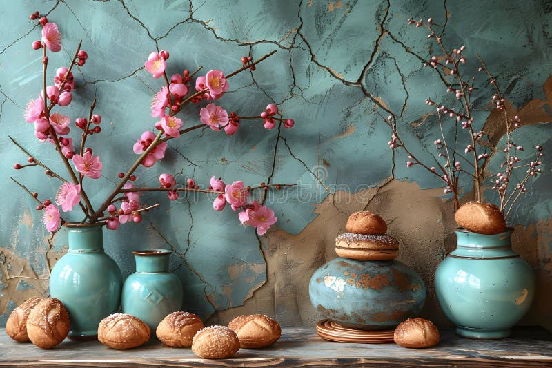 Rustic Spring Bakery Display with Pink Blossoms and Artisan Bread ...