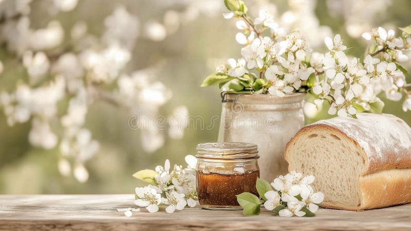 Rustic Spring Breakfast Arrangement with Blossom, Honey, and Bread for ...