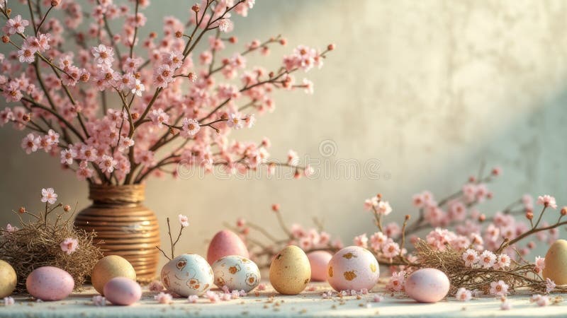 Rustic Spring Decor with Cherry Blossoms and Easter Eggs Stock Photo ...