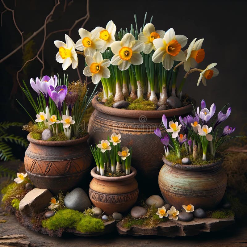 A Rustic Spring Display of Blooming Daffodils and Crocuses Nestled in ...