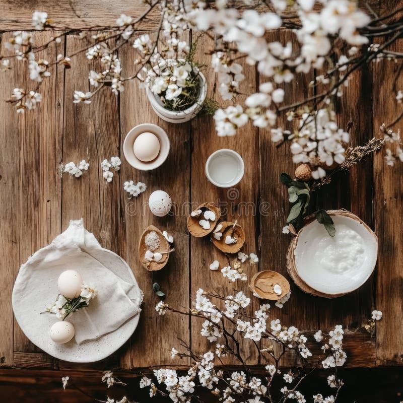 Rustic Spring Easter Table Setting with Blossoms Stock Illustration - Illustration of natural ...