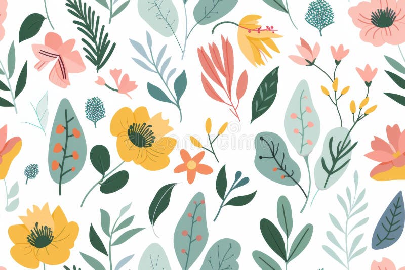Rustic Spring Flowers and Leaves Seamless Pattern Simple Flat on White ...