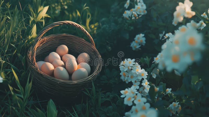 Rustic Spring Scene with Fresh Eggs in a Basket among Wildflowers Stock ...