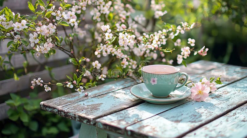 Rustic Spring Setting with a Teacup on a Weathered Table Surrounded by ...