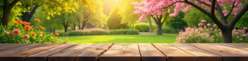 Rustic Spring Table Blooming Trees Sunlit Garden Backdrop Soft Rustic ...