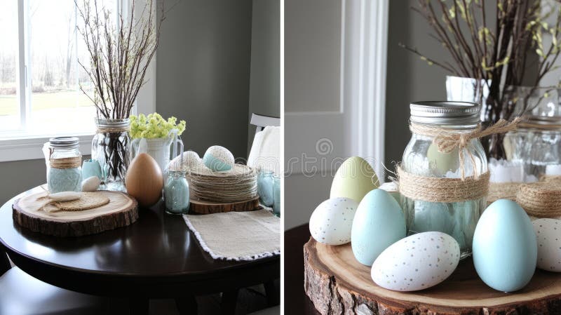 Rustic Spring Table Decor with Wooden Eggs and Jars. Stock Photo ...