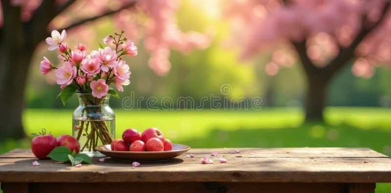 Rustic Spring Table Setting; Blooming Trees, Sunny Garden Bokeh, Bright ...