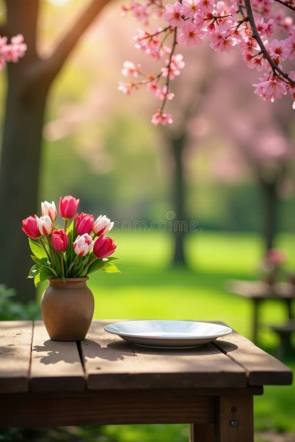 Rustic Spring Table Setting; Blossoming Trees, Sunny Garden Bokeh ...