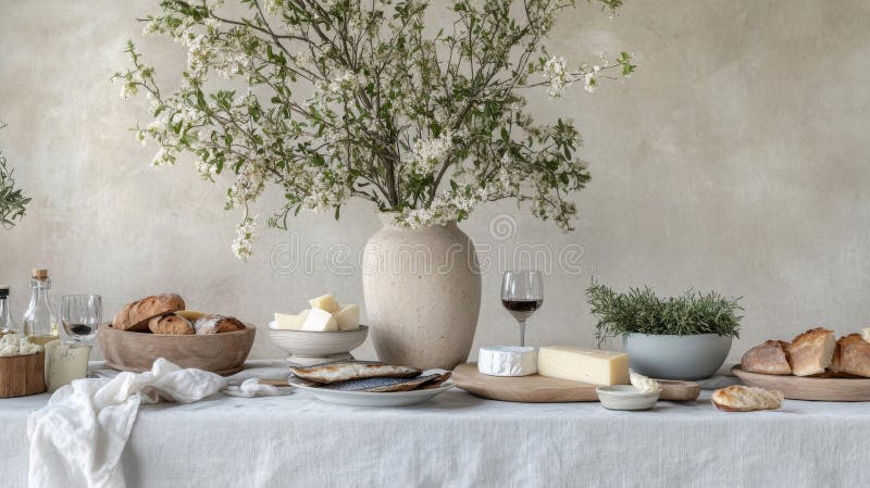 Rustic Spring Table Setting with Cheese, Bread, and Wine Stock ...