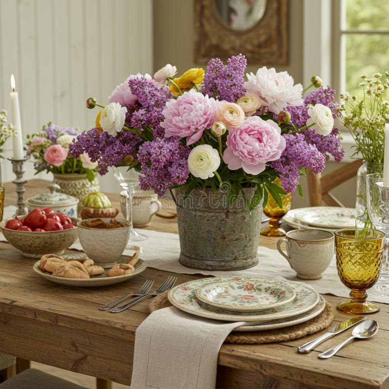 Rustic Spring Table Setting with Floral Arrangement Stock Illustration ...