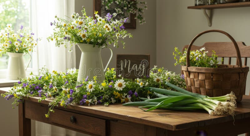 Rustic Spring Table with Wildflowers and Green Onions Stock Image ...