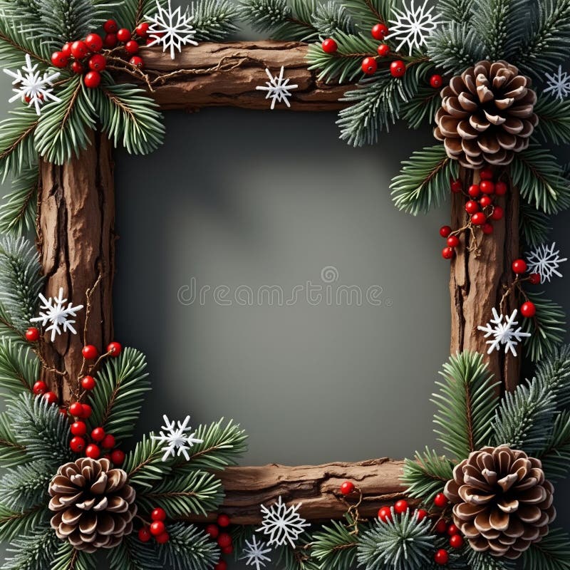 A Rustic Square Frame is Adorned with Pinecones, Red Berries, and ...