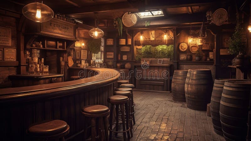 A Rustic St Patricks Day Themed Bar Interior with Wooden Barrels, Irish ...