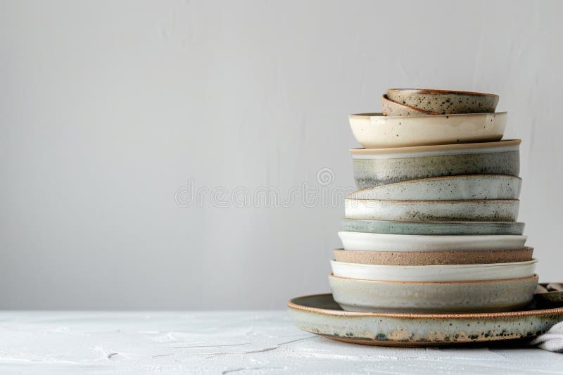 Rustic Stack of Handmade Ceramic Plates and Bowls Against Minimalist ...