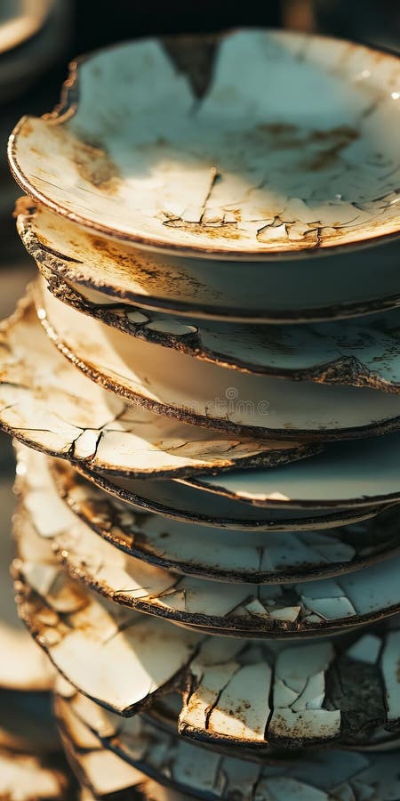 Rustic Stack of Vintage Ceramic Plates with Cracked Glaze in Warm ...