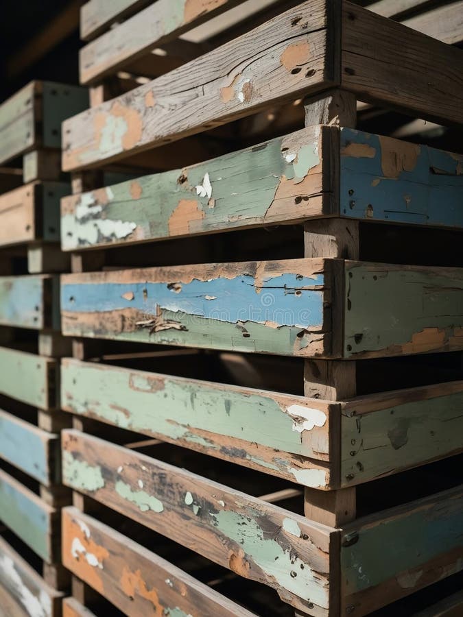Rustic Stack of Weathered Wooden Crates with Peeling Paint Texture and ...