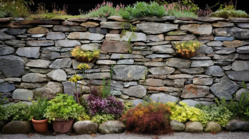 Rustic stacked stone wall stock photo. Image of garden - 383439698