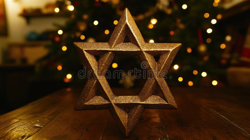 Rustic Star of David on Table, Christmas Lights Background Stock Image ...