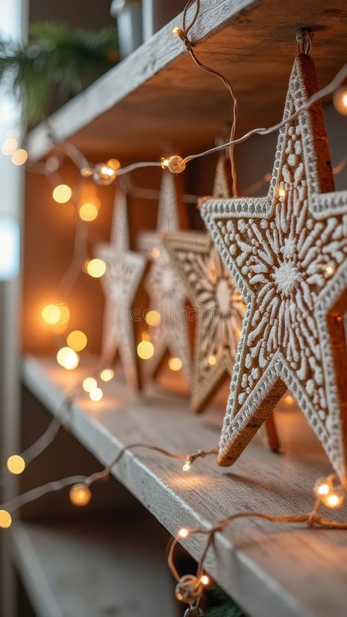 Rustic Star Ornaments with Cozy String Lights on Wooden Shelves Stock ...