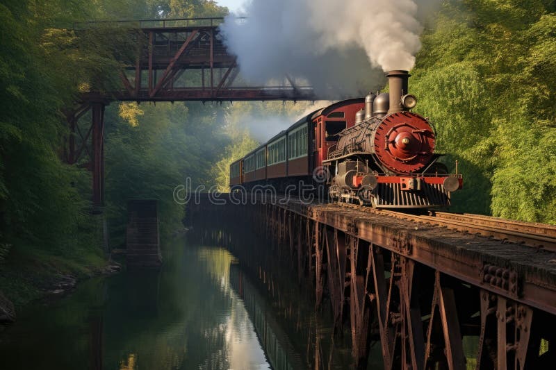 Rustic Steam Train Crossing Old Iron Bridge Stock Illustration ...