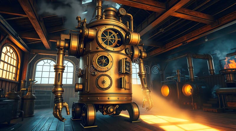 Rustic Steampunk Android Forging Metal in Workshop with Industrial ...