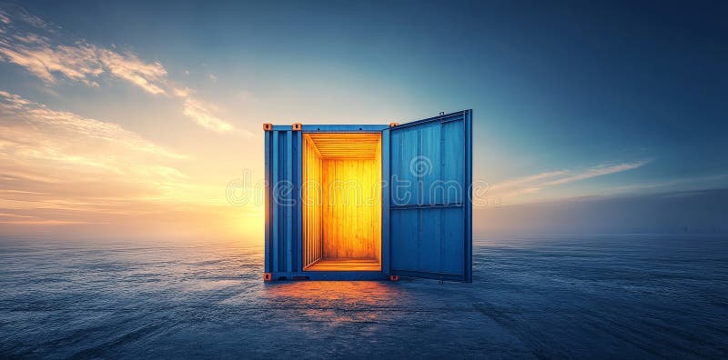 A Rustic Steel Shipping Container, Open on a Concrete Surface, at ...