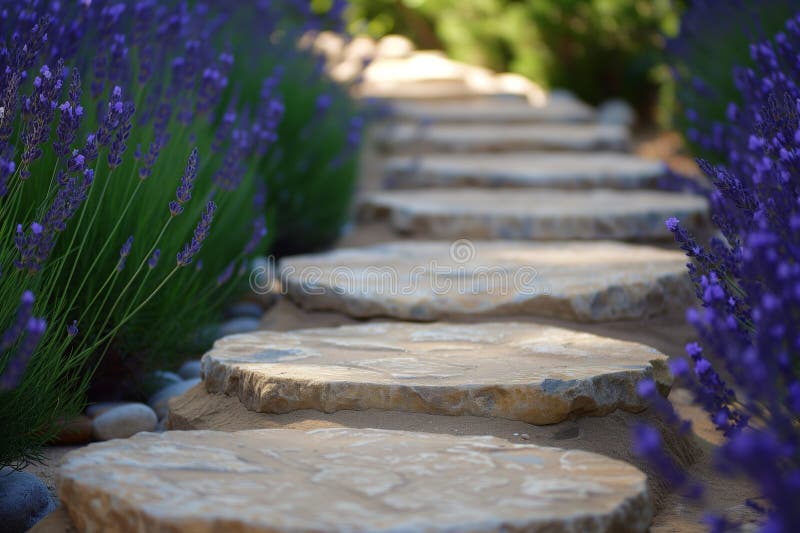 Rustic Stepping Stones, with Outoffocus Rows of Lavender Flanking Them ...