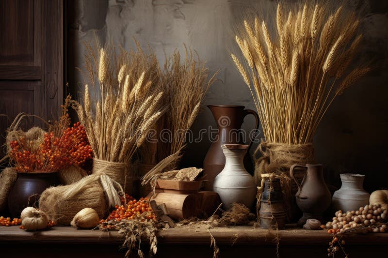Rustic Still Life of Ancient Grains and Harvest-themed Decor Stock ...