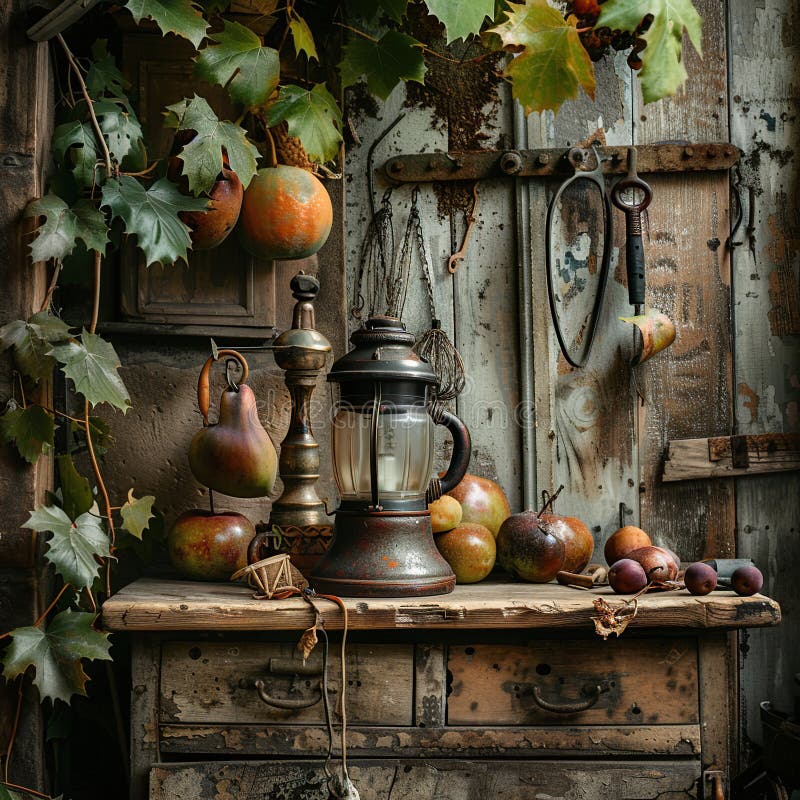 Rustic Still Life with Apples, Lantern, and Antique Tools on Weathered ...