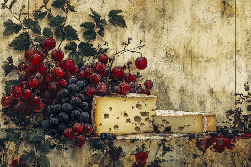 Rustic Still Life with Artisan Cheese and Fresh Grapes on Wooden ...