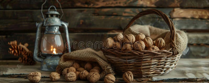 Rustic Still Life with Basket of Walnuts and Vintage Lantern Stock ...