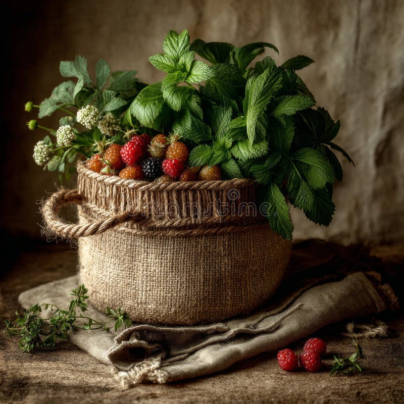 Rustic Still Life of Berries and Herbs in Burlap Basket Stock ...