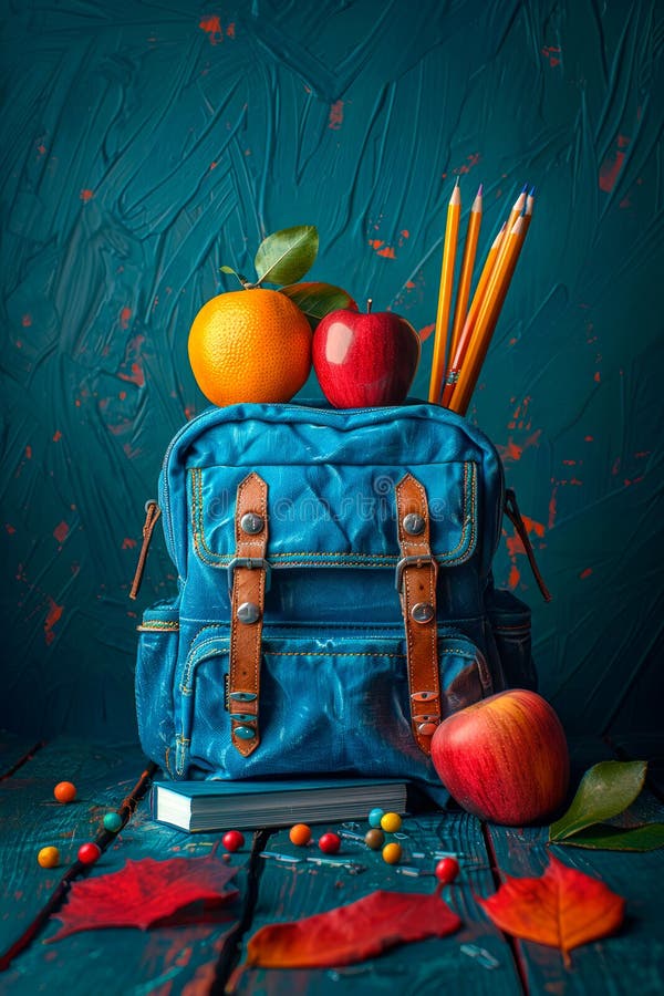 Rustic Still Life with Blue School Backpack with Typical School Objects ...
