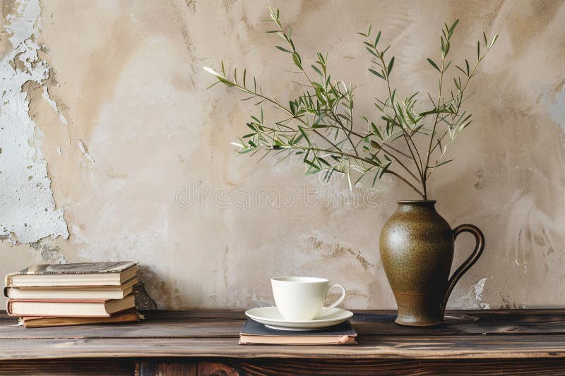 Rustic Still Life with Books and Greenery Stock Illustration ...