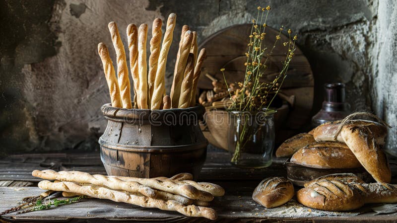 Rustic Still Life with Bread Sticks . Generative Ai Stock Illustration ...