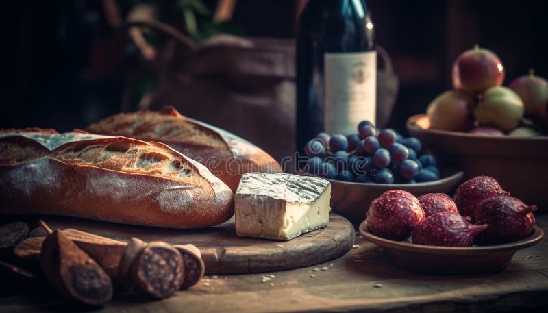 Rustic Still Life Bread, Wine, Cheese, Grapes Generated by AI Stock ...