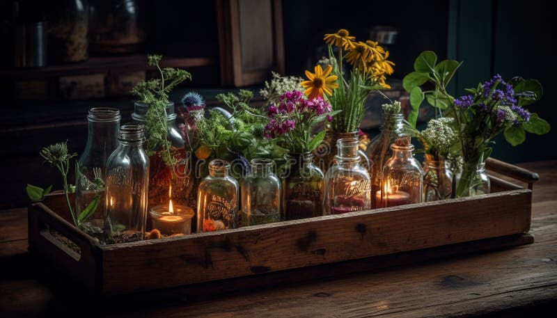 Rustic Still Life: Candle, Jar, Wood, Herb Generated by AI Stock ...
