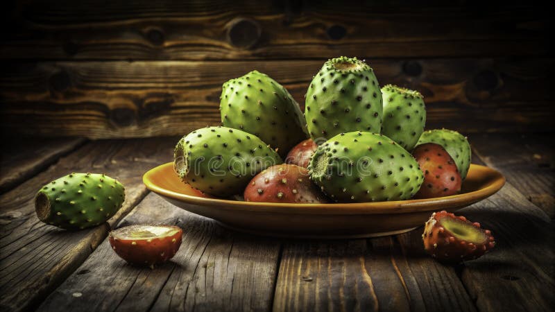 Rustic Still Life a CloseUp of Prickly Pears on a Red Plate Under Low ...