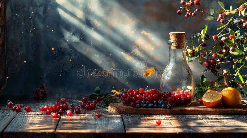 Rustic Still Life of Berries and Fruits with Sunlight Stock Image ...