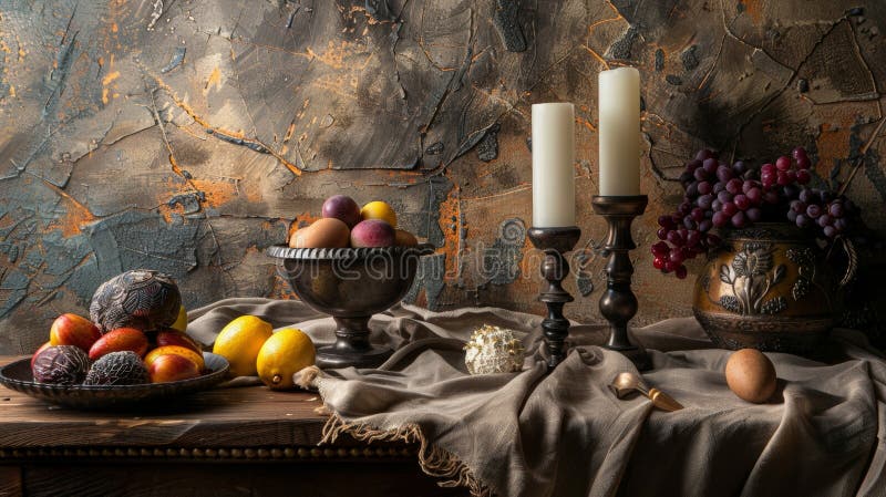 Rustic Still Life with Candles and Fruits Stock Image - Image of apple ...