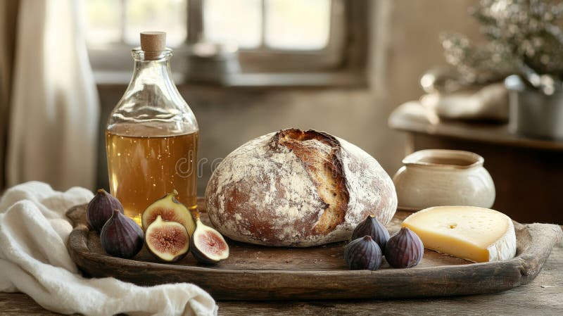 Rustic Still Life with Crusty Bread Figs and Cheese Stock Illustration ...