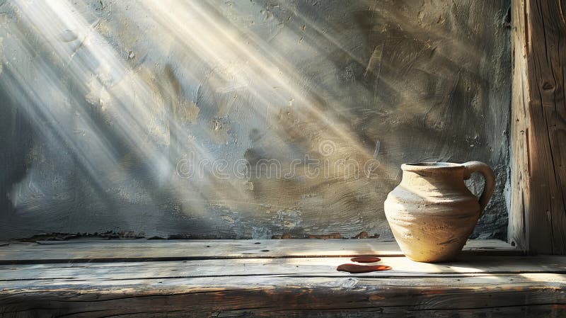 Rustic Still Life, Earthenware Jug in Sunlight, Clay Pot on Wooden ...