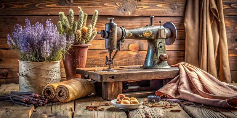 A Rustic Still Life Featuring an Antique Sewing Machine and Assorted ...