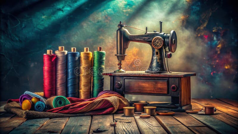A Rustic Still Life Featuring an Antique Sewing Machine and Colorful ...