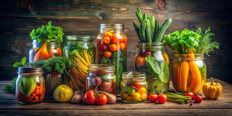 A Rustic Still Life Featuring an Assortment of Preserved Vegetables in ...
