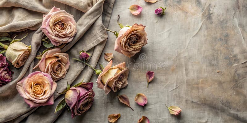 Rustic Still Life Featuring Delicate Dried Roses Arranged on Textured ...