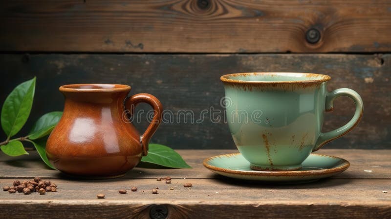 Rustic Still Life Featuring Earthenware Teacup and Pitcher on Weathered ...